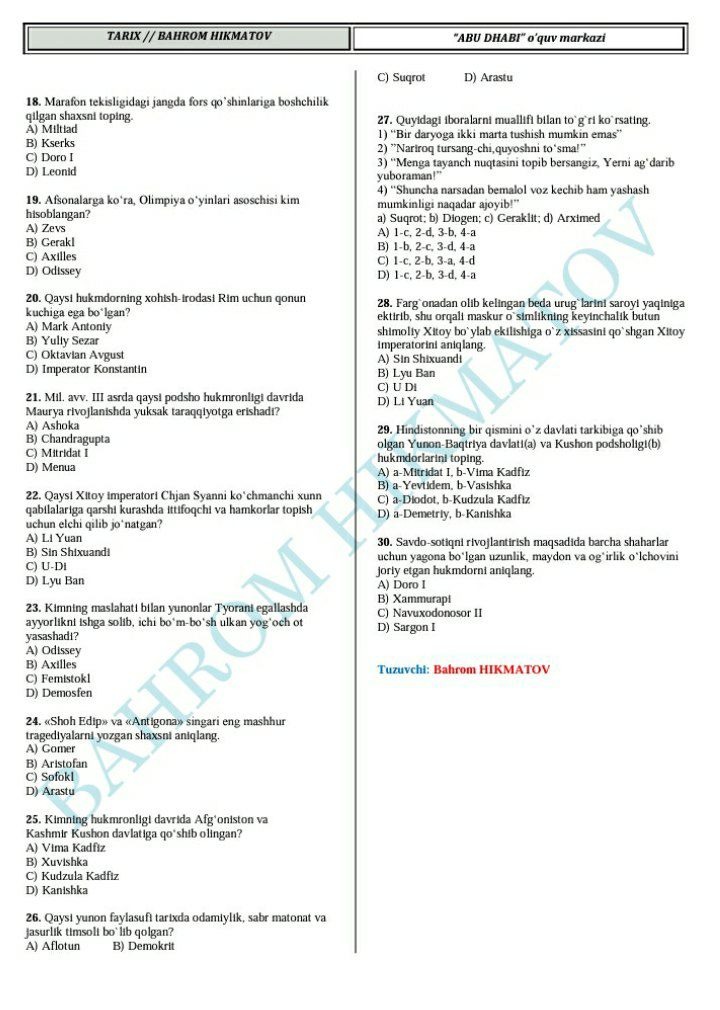 Tarixdan Test Savollari